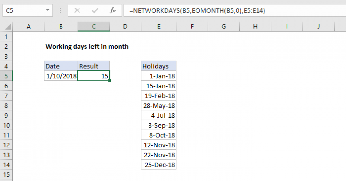 Working Days Left In Month Excel Formula Exceljet